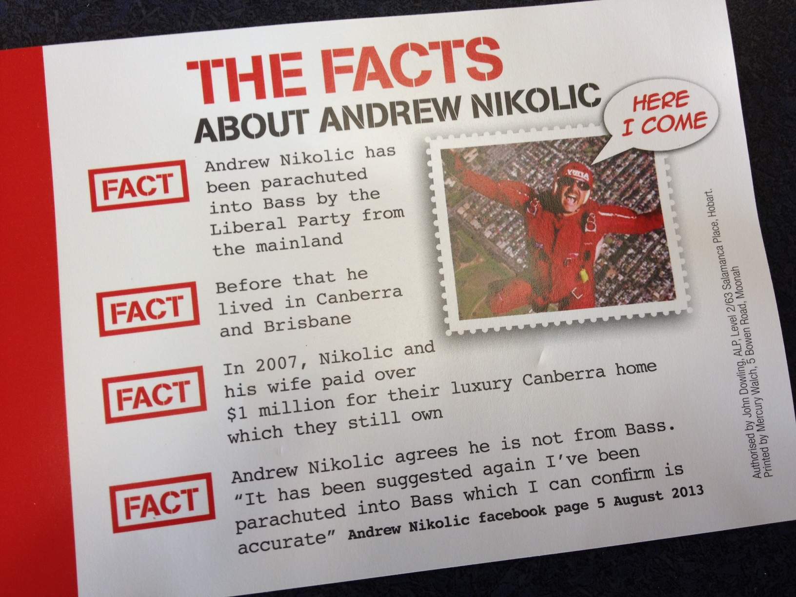 Liberal candidate for Bass lashes out at 'parachute' election leaflet ...