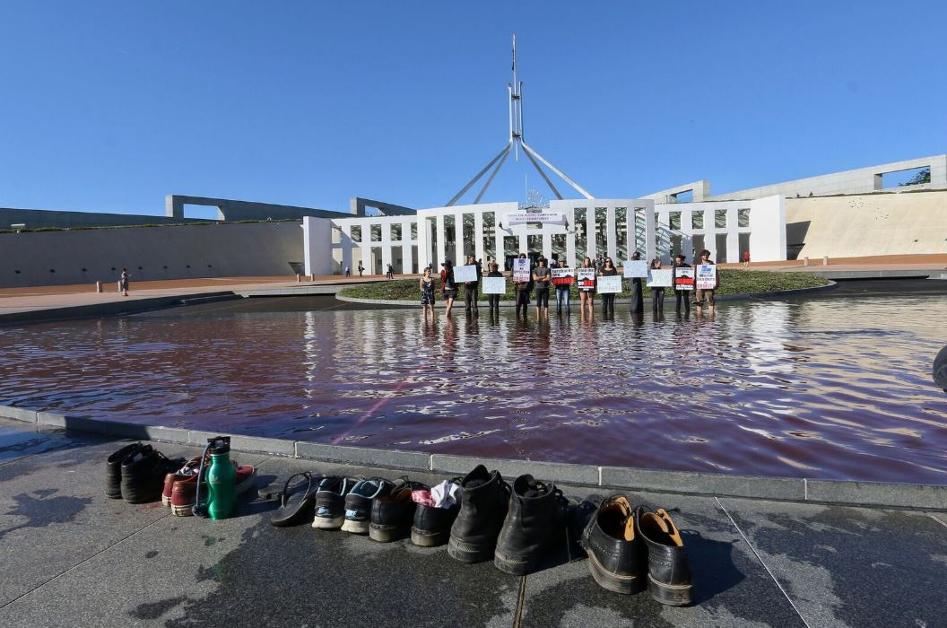 Parliament House protesters abseil down building, dye fountain red ...