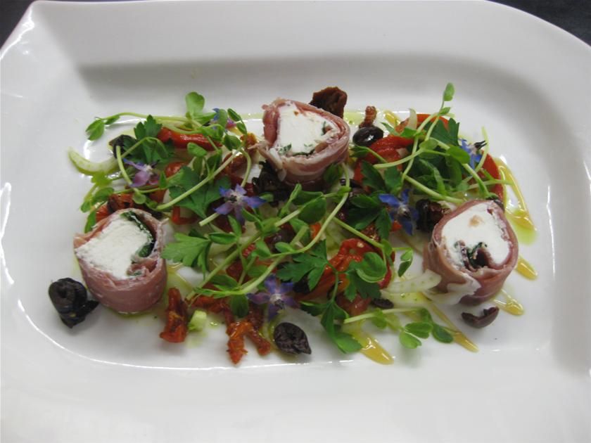 Roulade of goat cheese and prosciutto with Mediterranean vegetable and ...