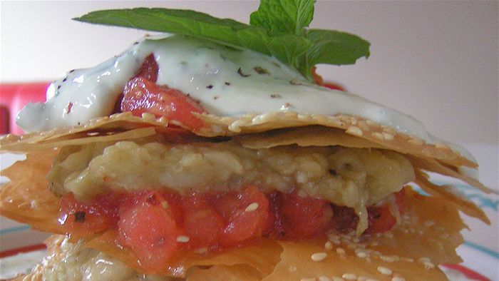 Charred eggplant and tomato filo stack - ABC News