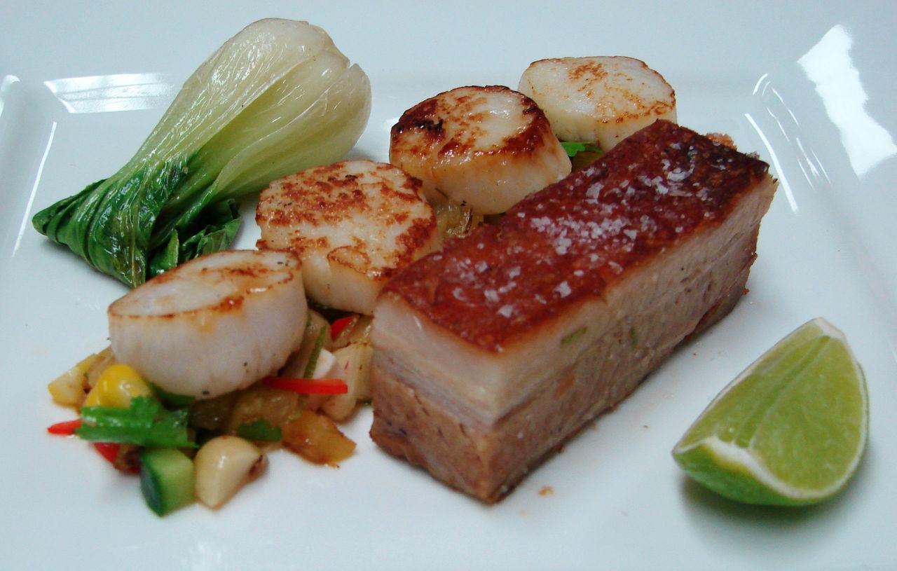 Slow braised pork belly, scallops, bok choy and salsa - ABC News