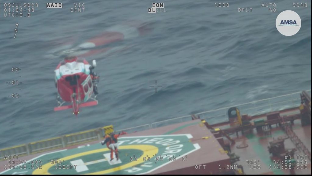 Rescue helicopter airlifts injured sailor Xavier Doerr from bulk ...