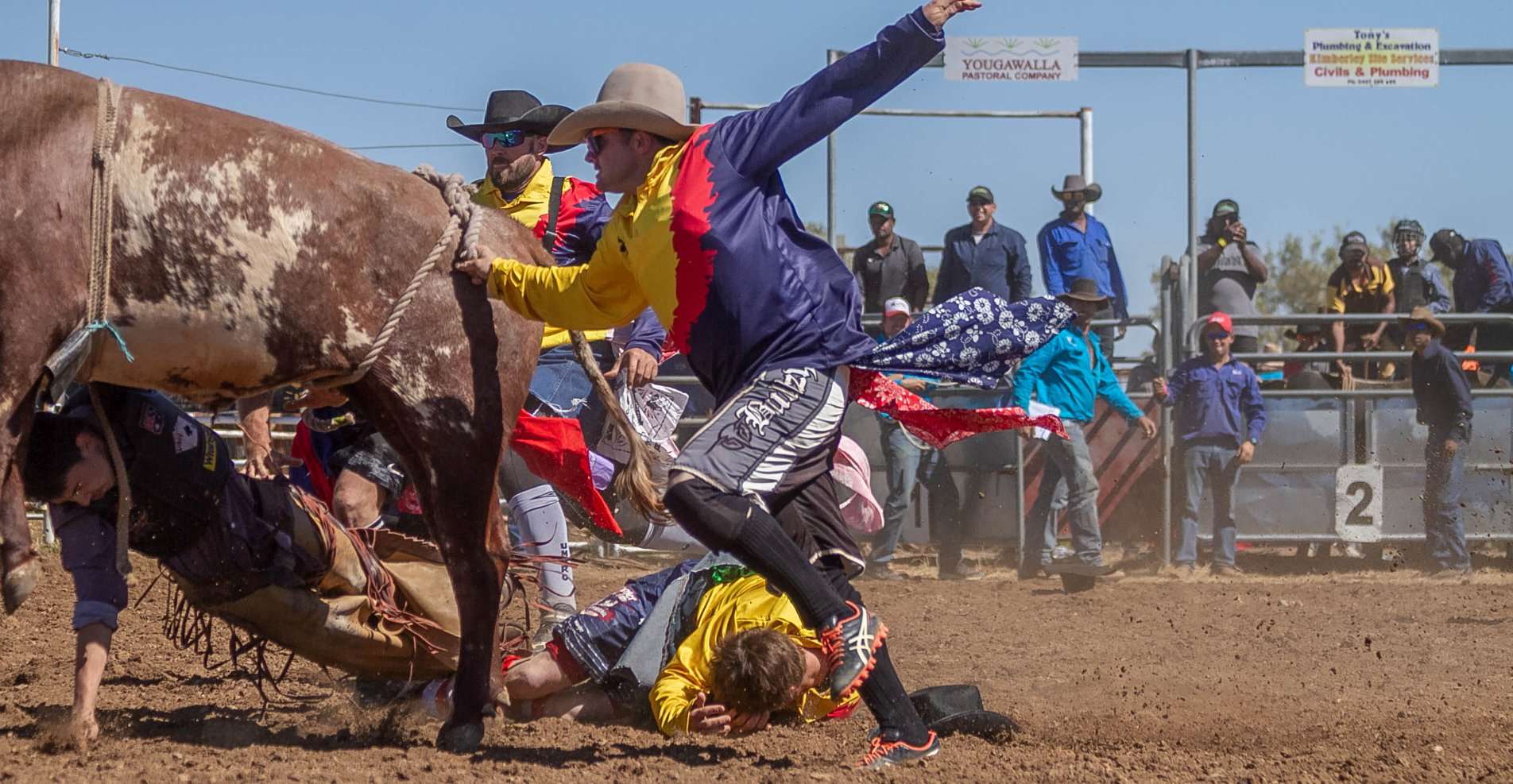 Rodeo clown Cain Burns takes full force of 600kg bull by diving under ...