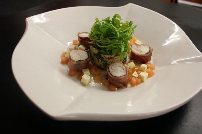 Sausage of red snapper dill and prosciutto on a mediterranean vegetable ...