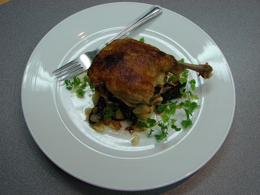 Confit duck legs with parsnip, prunes, thyme and almond vinaigrette ...