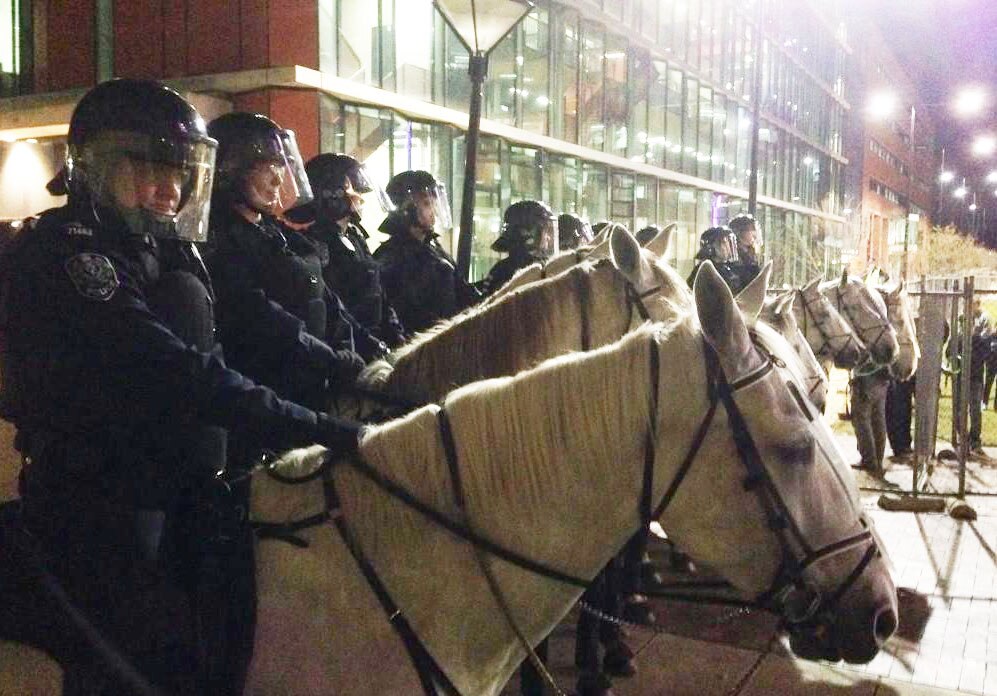 Protesters clash with mounted police outside Tony Abbott speech at ...