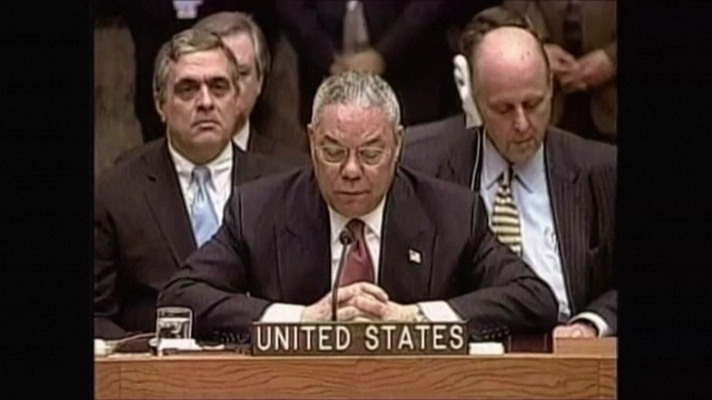 Colin Powell appears at the UN accusing Iraq of possessing weapons of ...