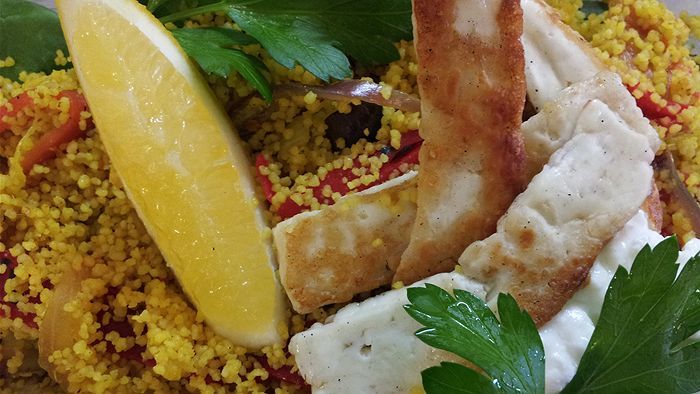 Couscous with pan seared goats haloumi - ABC News