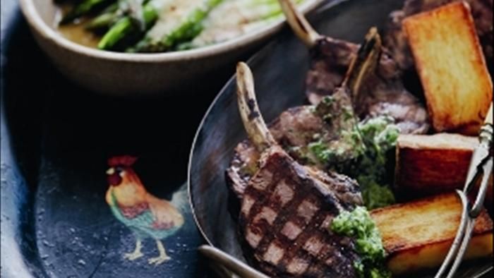 Grilled veal rack with Montpellier butter and parmesan asparagus - ABC News