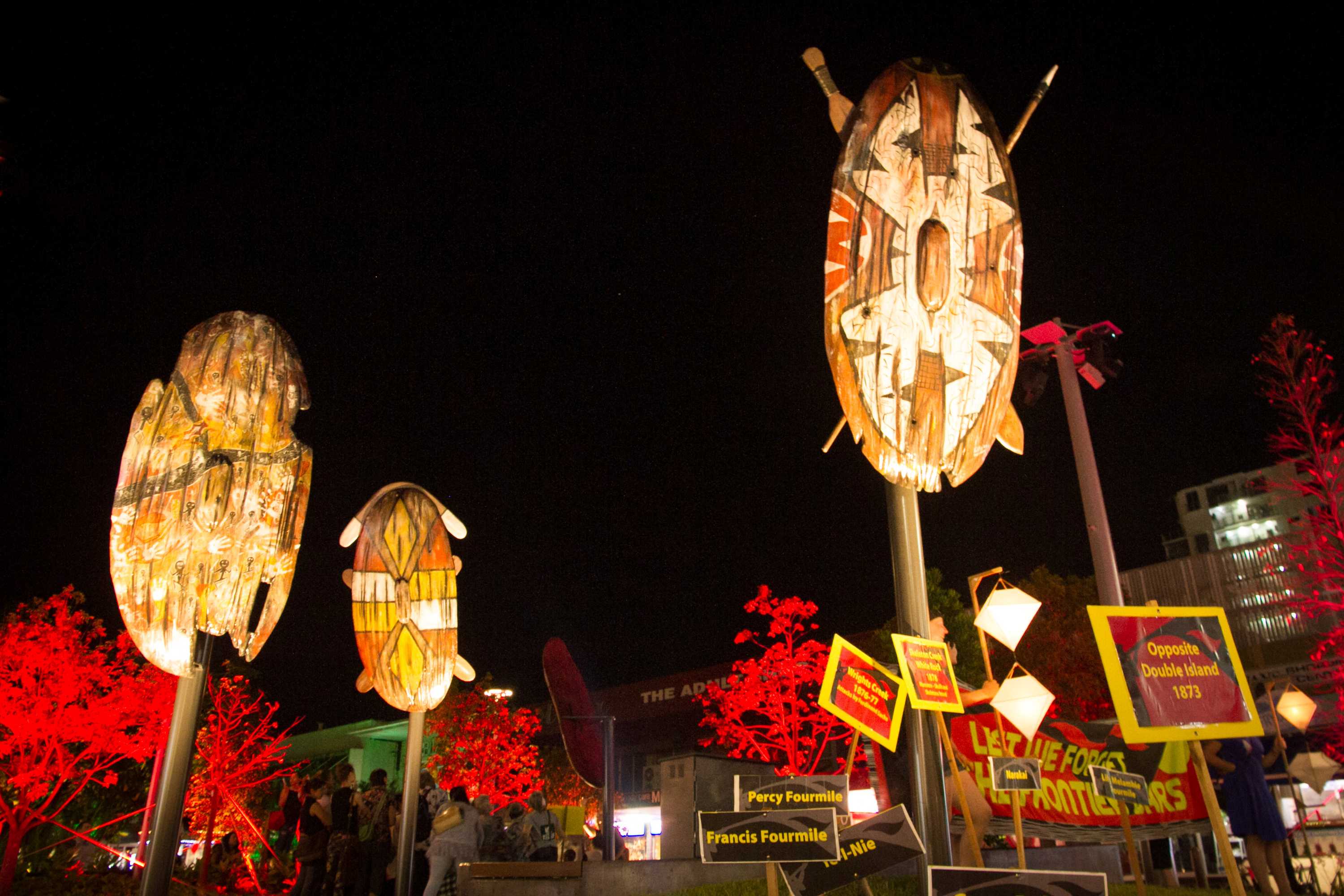 Indigenous shield art in Cairns CBD a symbol of war and peace - ABC News