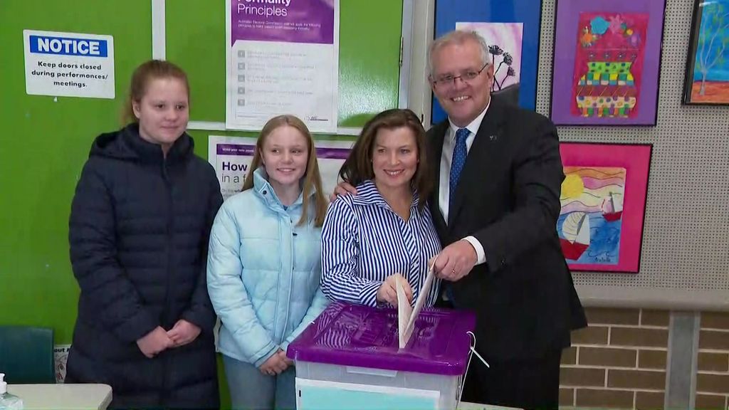 Prime Minister Scott Morrison casts his vote in the electorate of Cook ...