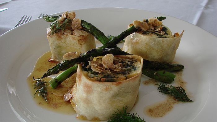 Spinach and ricotta rotolo with almond burnt butter and asparagus - ABC ...