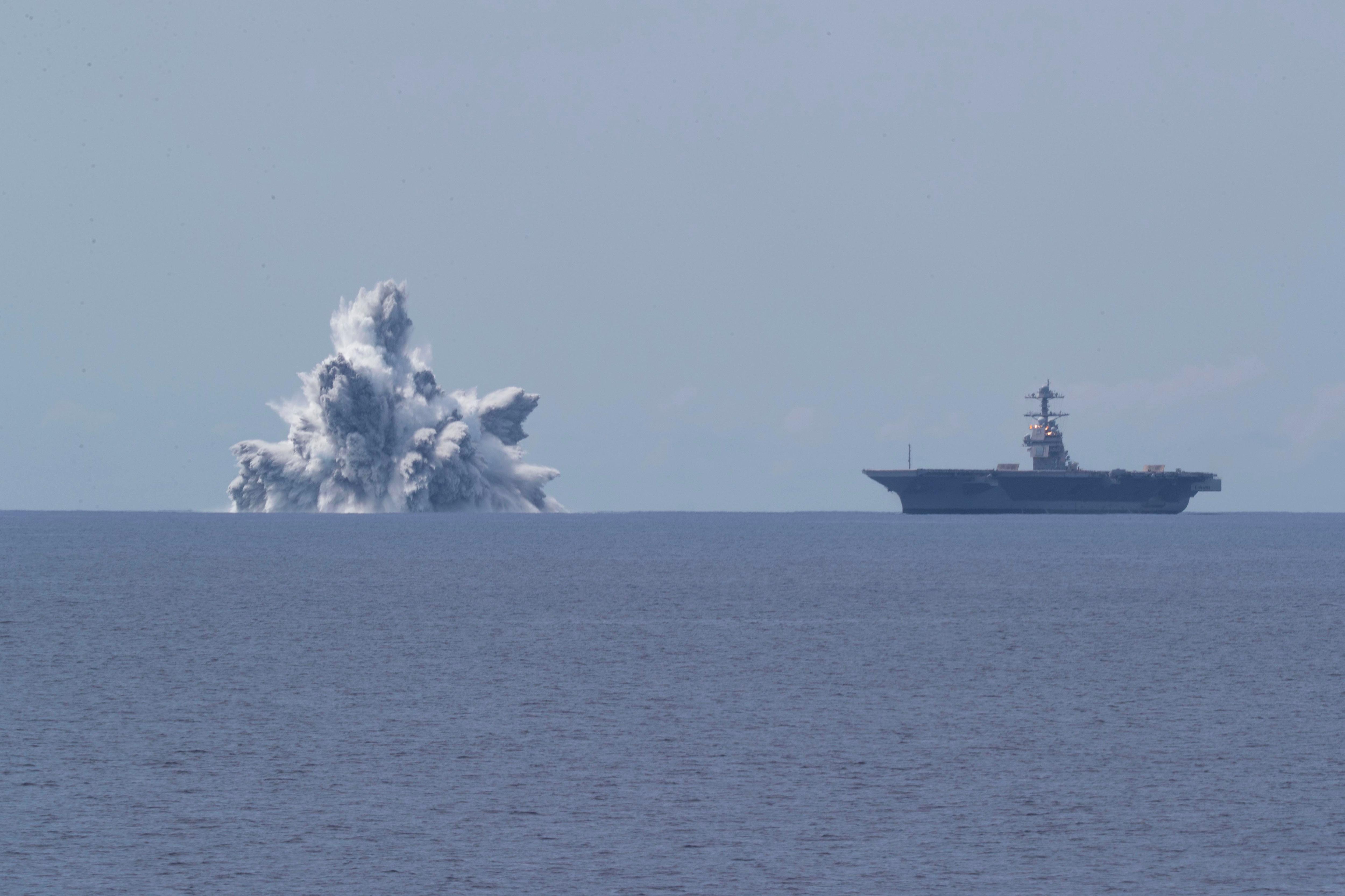 US navy tests aircraft carrier with 'full ship shock trial' explosion ...