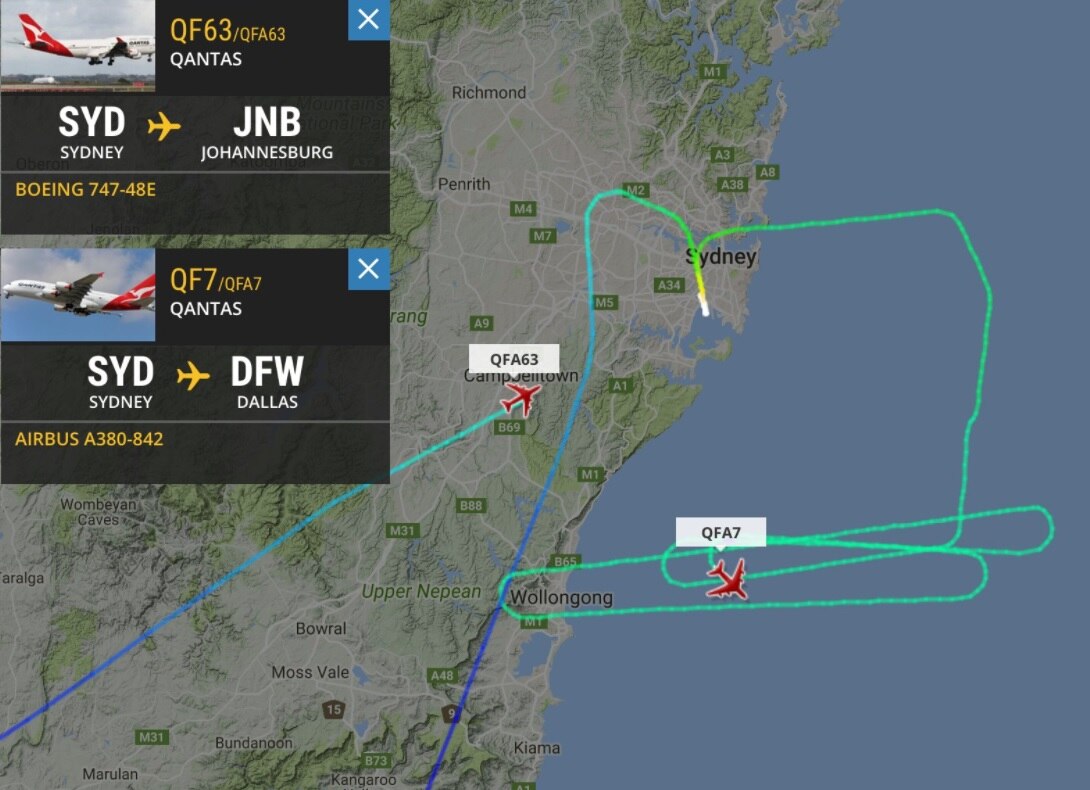 Qantas flights QF7 to Dallas and QF63 to Johannesburg return to Sydney ...