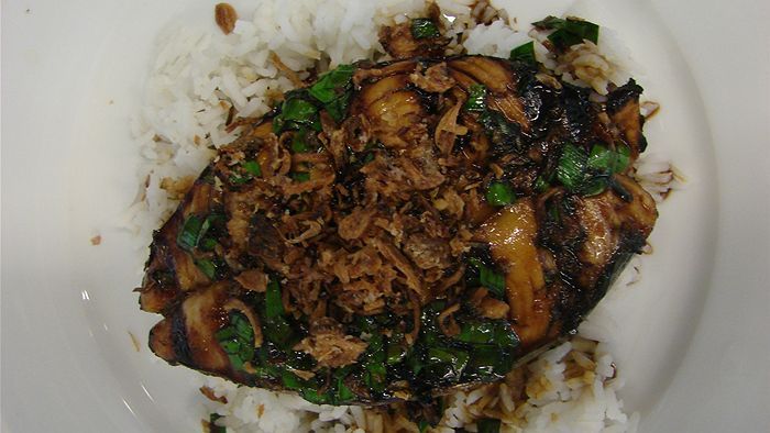 Sticky Spanish Mackerel Cutlets with Crispy Shallots and Garlic Chives ...
