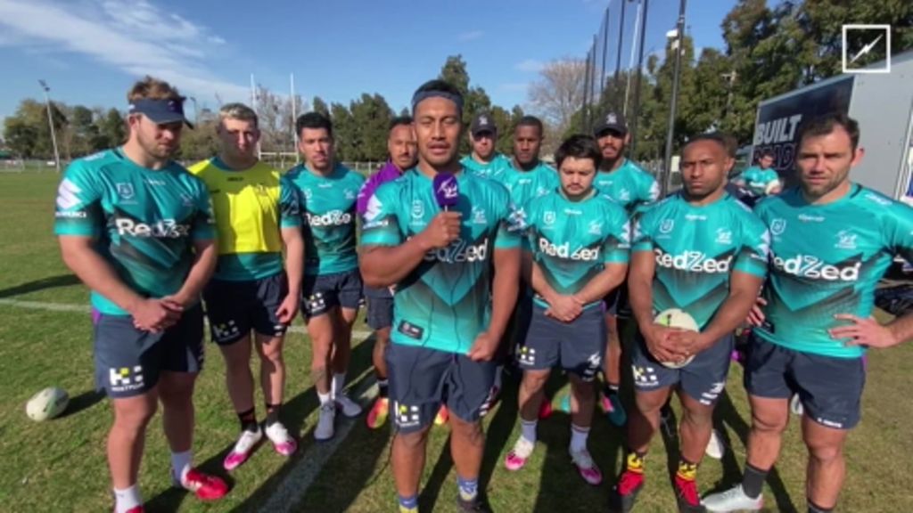 Melbourne Storm player Albert Vete speaks on behalf of his team to the ...