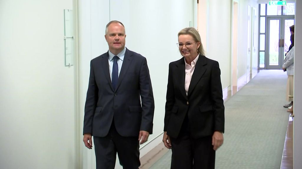 Moment Sussan Ley emerges from party room for first time as Liberal ...