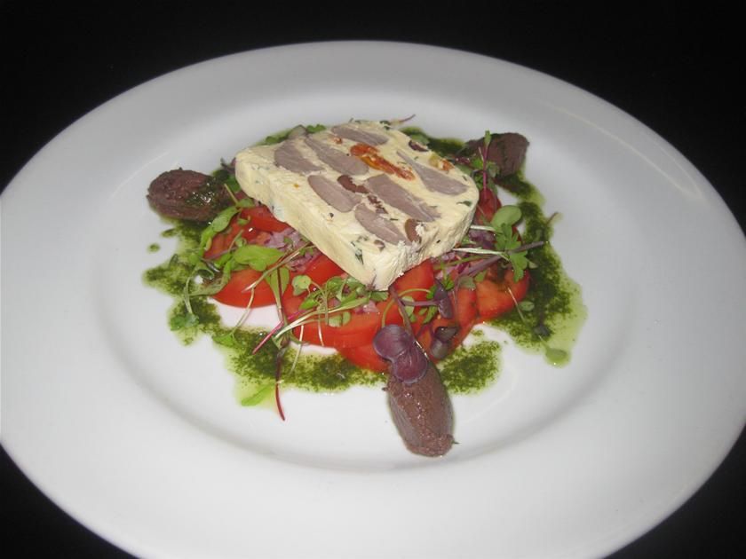 Terrine of smoked lamb and fetta with tomato, red onion and basil salad ...