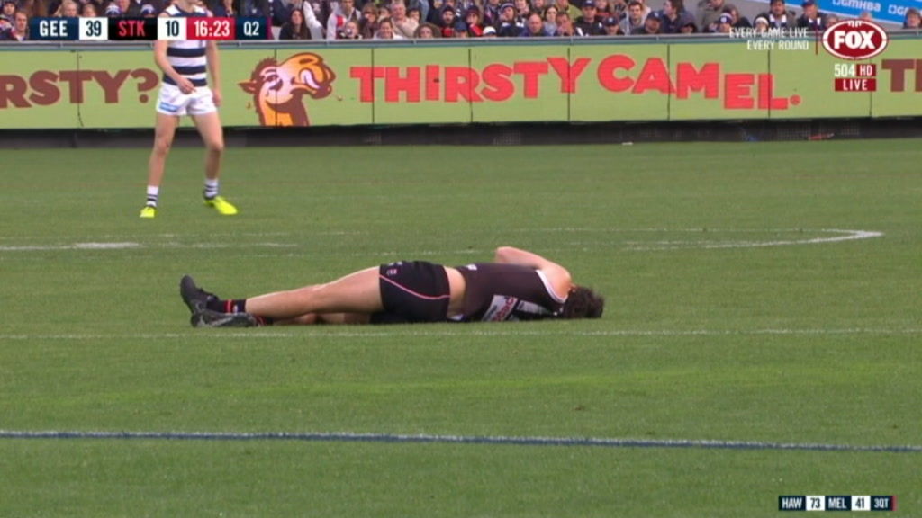 St Kilda defender Dylan Roberton collapses during a match against ...