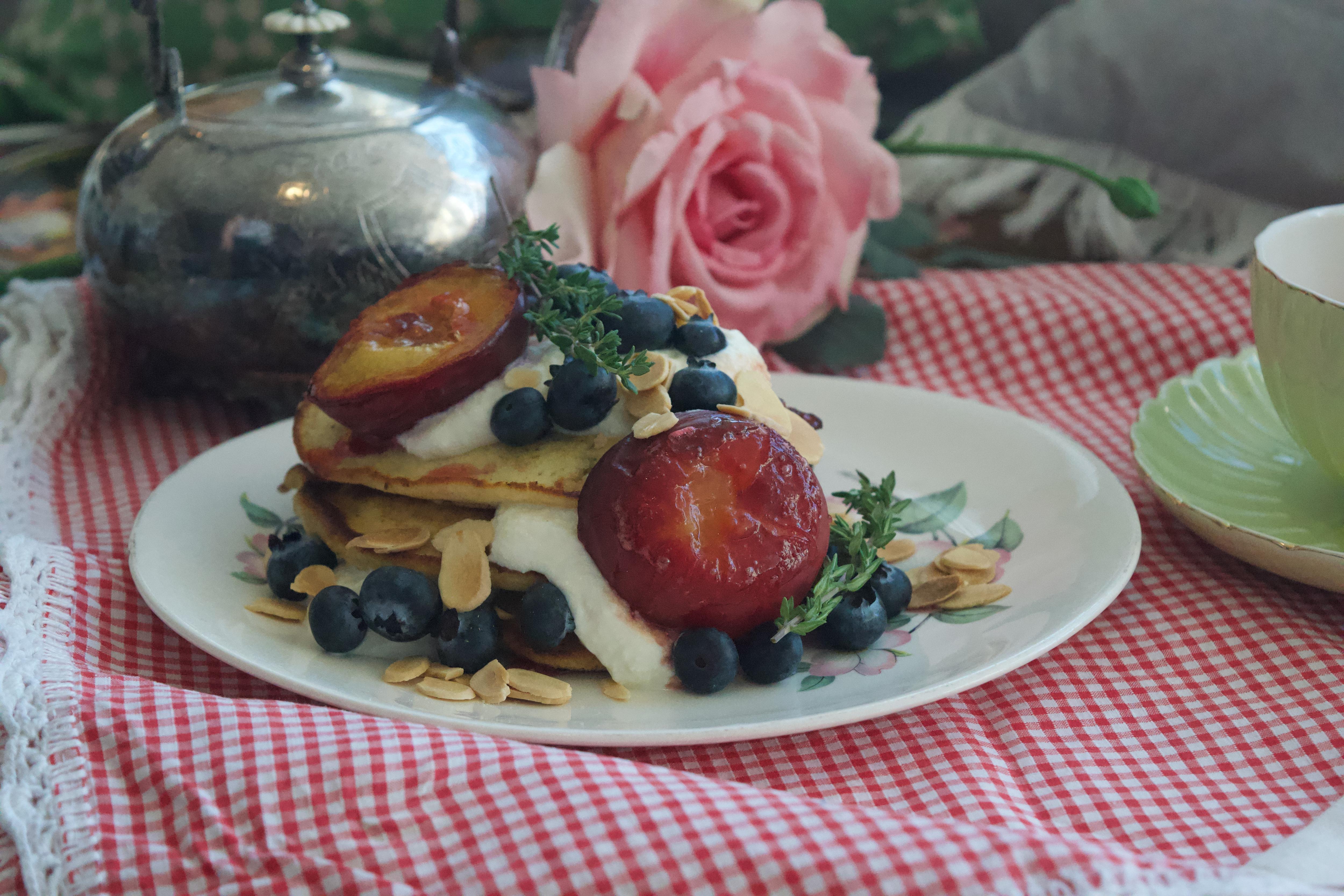In Season: Pancakes with Roasted Peaches, Ricotta and Blueberries - ABC ...