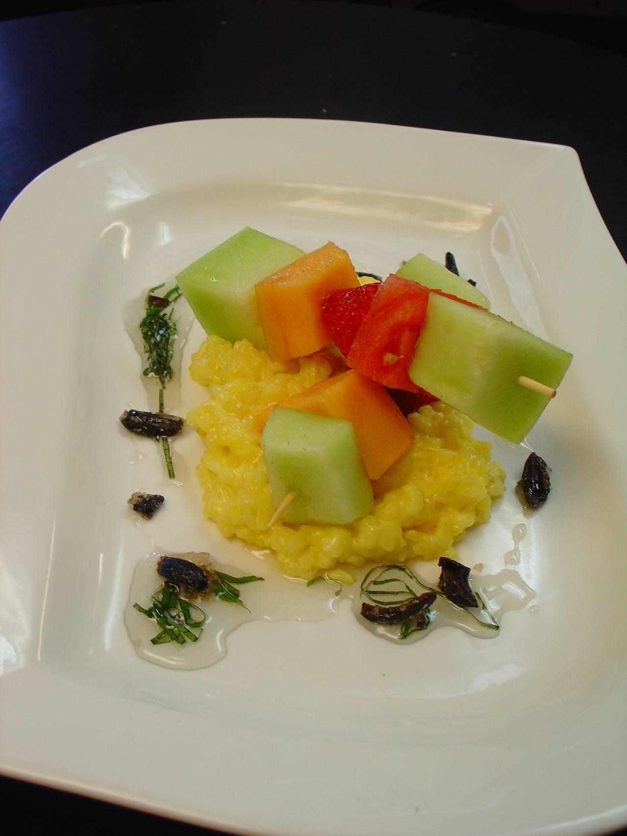 Fruit skewers with vanilla and saffron risotto - ABC News