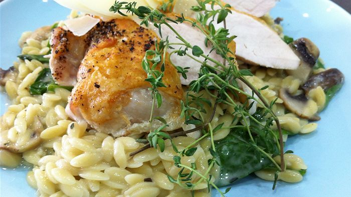 Crispy skinned chicken with creamy spinach and mushroom risotto - ABC ...