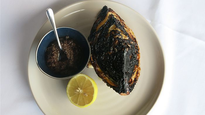 Charred cabbage with olive and truffle tapenade - ABC Everyday