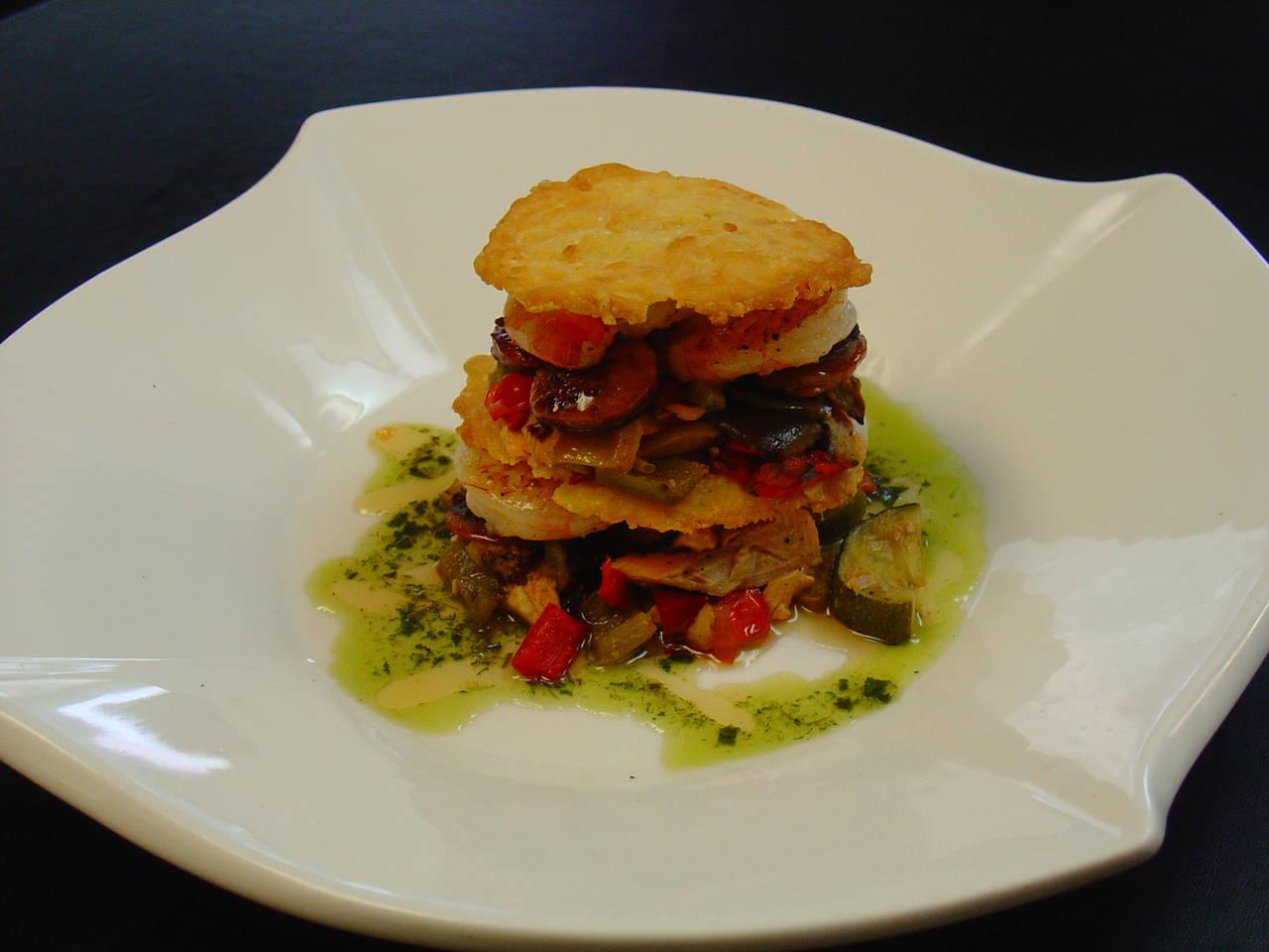 Tiger prawns with chorizo Mediterrarrean vegetables Nundle smoked trout ...