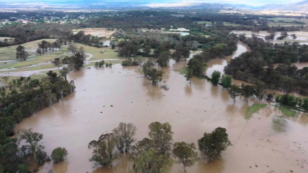 Drone vision shows extent of flooding in Victoria's Seymour - ABC News