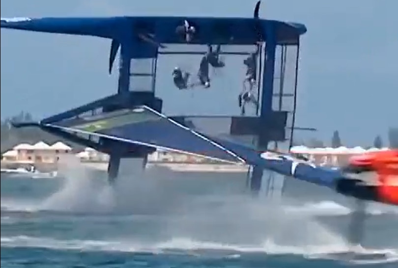Spectacular footage shows US catamaran flipping over and capsizing ...