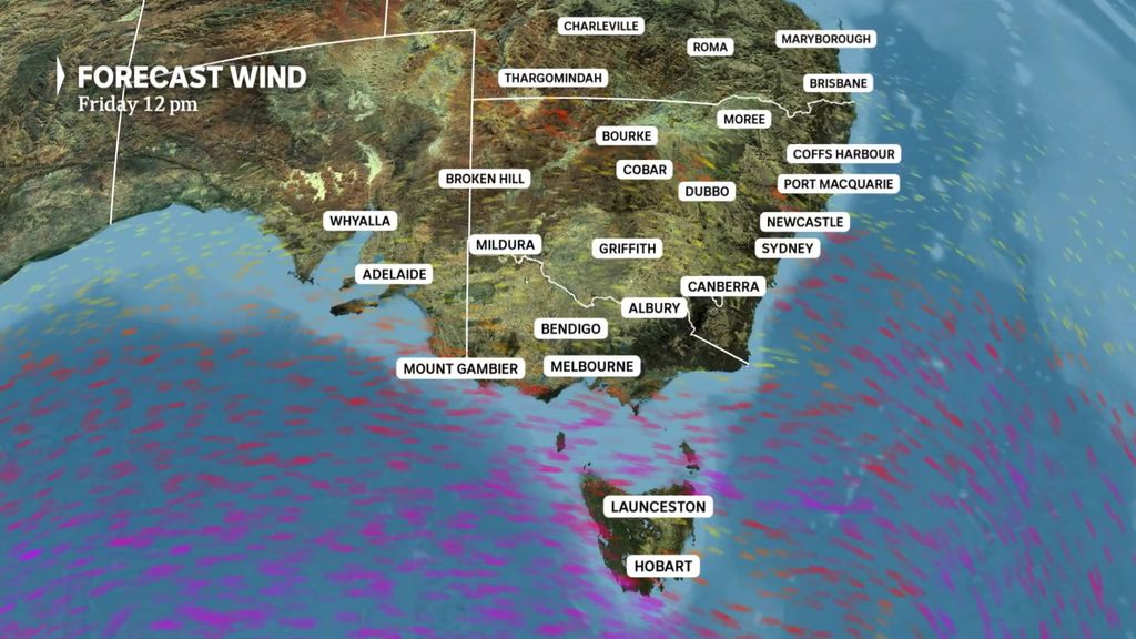Bursts of strong to gale force westerly winds in the red and pink are ...