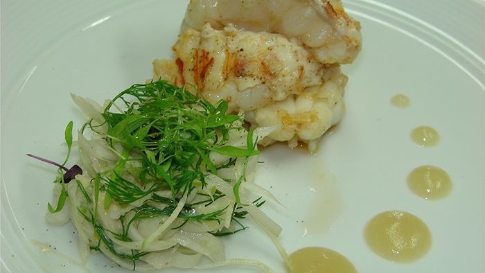 Moreton bay bug tails served with lemon aspen puree and a fennel ...