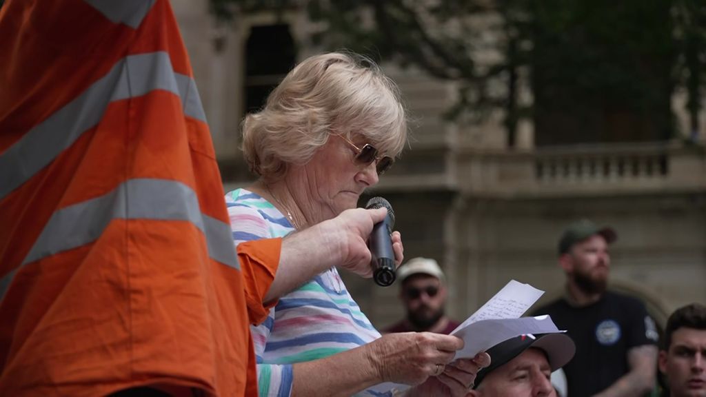 Jenny Newport speaking at today's CFMEU rally. - ABC News