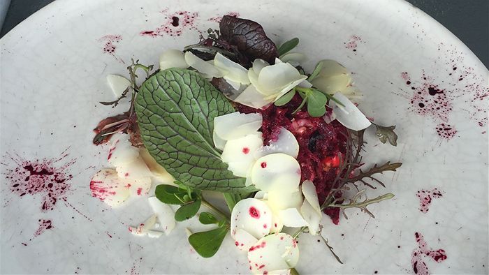 Eucalyptus smoked Marburg emu fillet, beets, macadamia plus Lilly Pilly ...