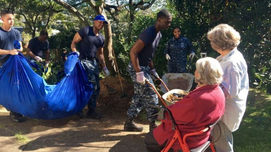USS Ronald Reagan crew help in the garden of war widow Audrey Mead ...