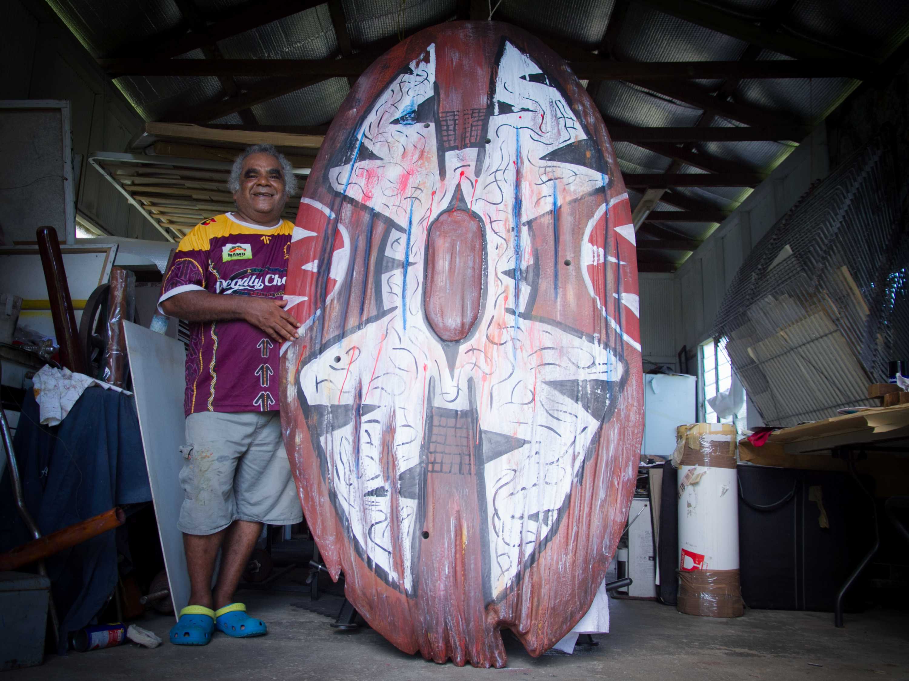Indigenous shield art in Cairns CBD a symbol of war and peace - ABC News