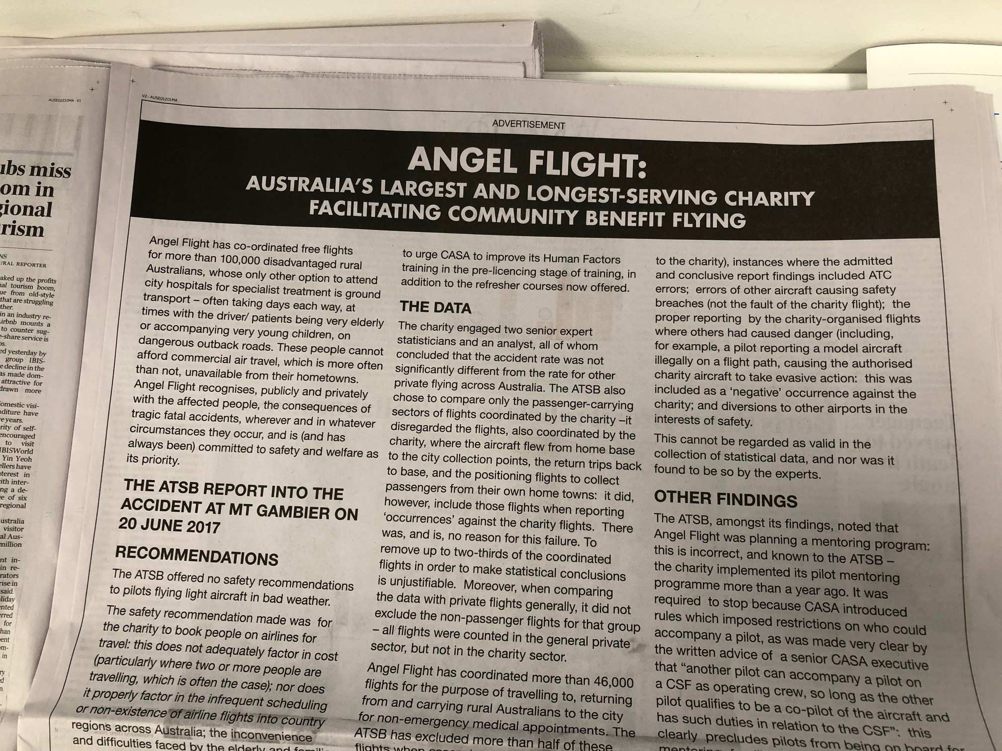 Angel Flight takes out full page ads criticising CASA report - ABC listen