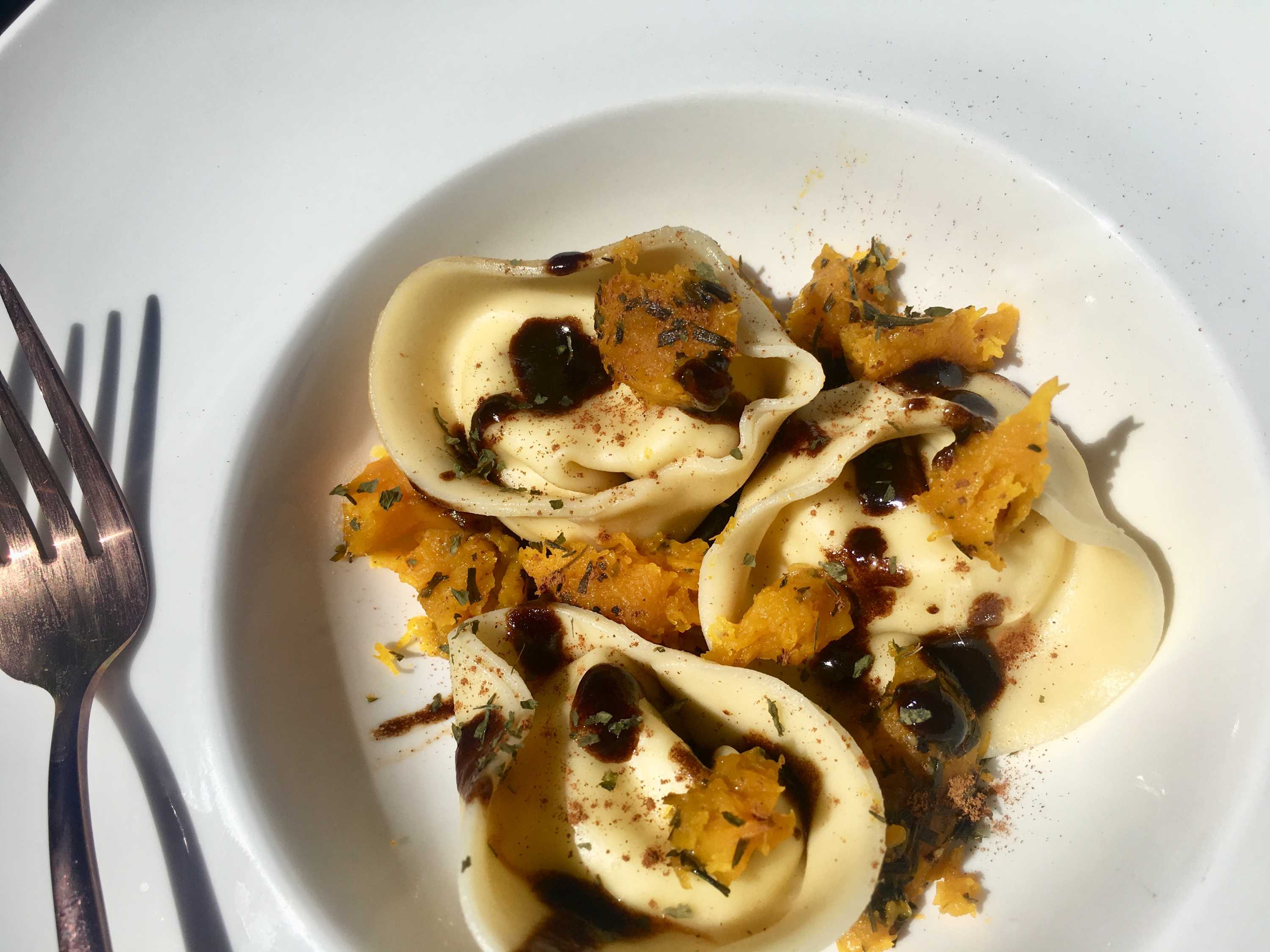 Recipe: Three cheese tortelloni with vino cotto cocoa sauce, pumpkin ...