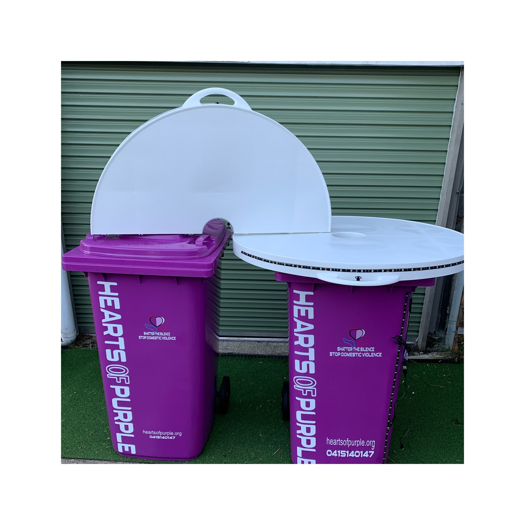 Flashing purple party bins collect recyclables to help raise funds in ...