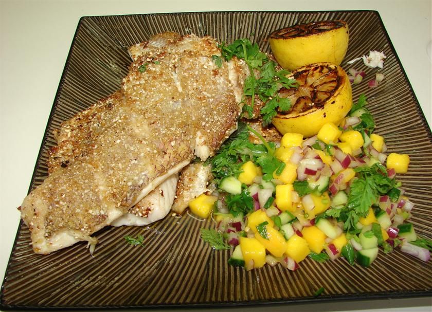 Coconut and rice-crusted king snapper and mango salsa - ABC Everyday