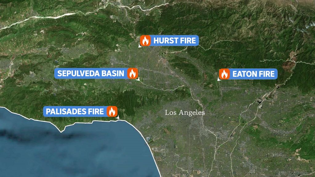 A map shows where the fires are burning in the Los Angeles area. - ABC News