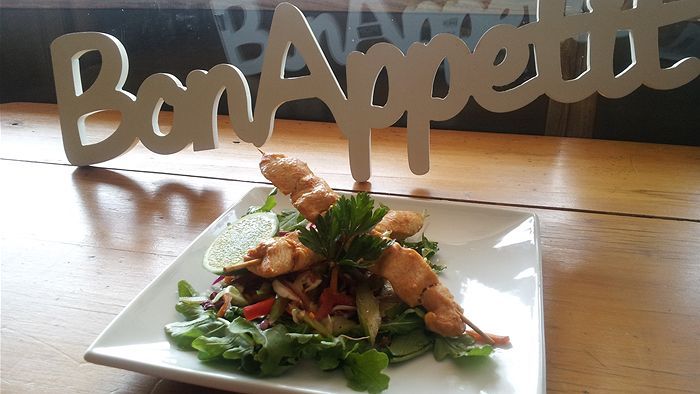 Asian slaw with crispy noodles, cashews and chicken skewers - ABC Everyday