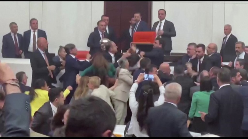 Turkish MPs brawl during debate inside Türkiye's parliament - ABC News Turkish MPs brawl during debate inside Türkiye's parliament - ABC News