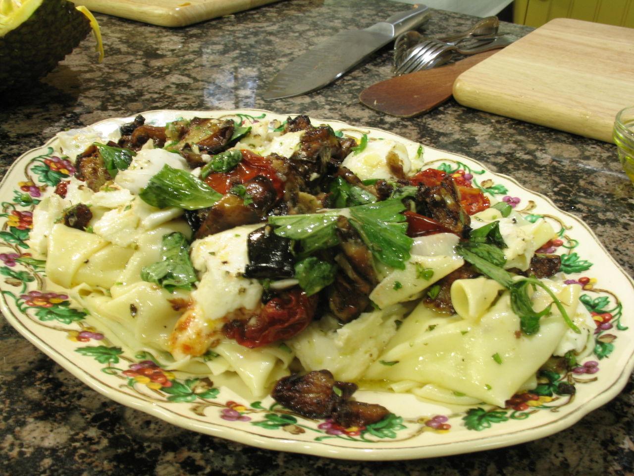 Aubergine, roasted tomato and rag pasta with chevre - ABC Everyday