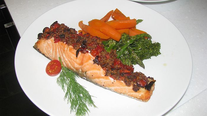 Atlantic salmon with sundried tomato and mustard crust - ABC Everyday