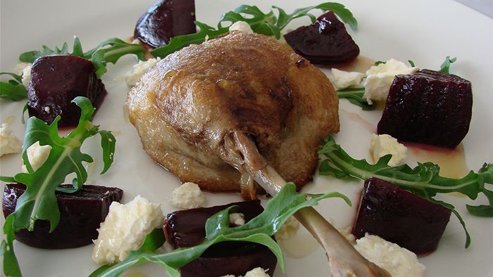 Confit duck, roasted beetroot and feta with cider vinegar dressing ...
