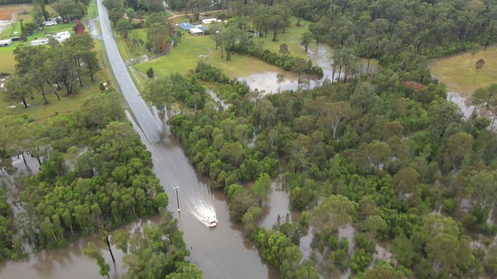 Drone shows sections of the Pacific Highway near Taree cut off by ...