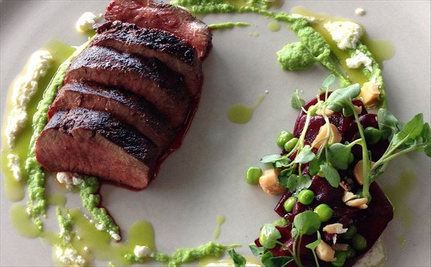 Beetroot poached mutton loin, glazed beets, minted peas, macadamia ...
