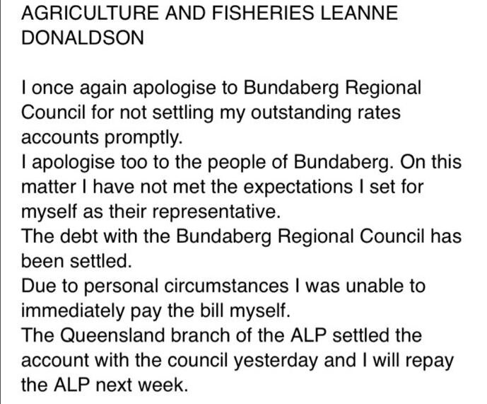 ALP Queensland branch pays Leanne Donaldson's overdue rates bill - ABC News