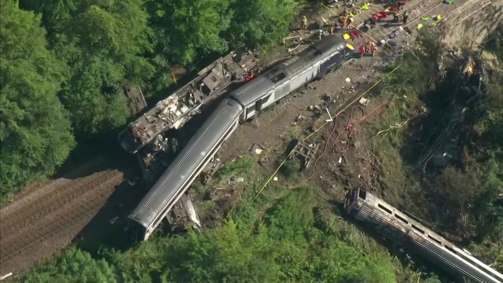 Aerial footage shows aftermath of train derailment in Scotland - ABC News